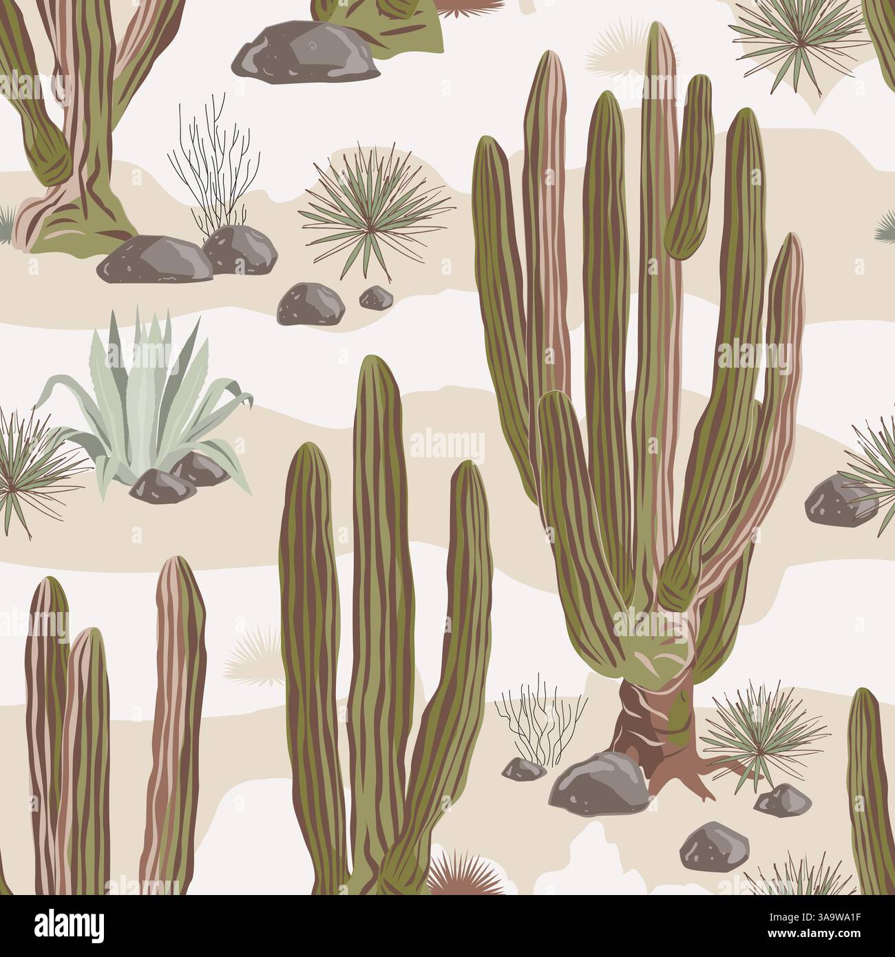 Old and tall Mexican giant cardon cactus and agaves seamless pattern. Cacti landscape background ...