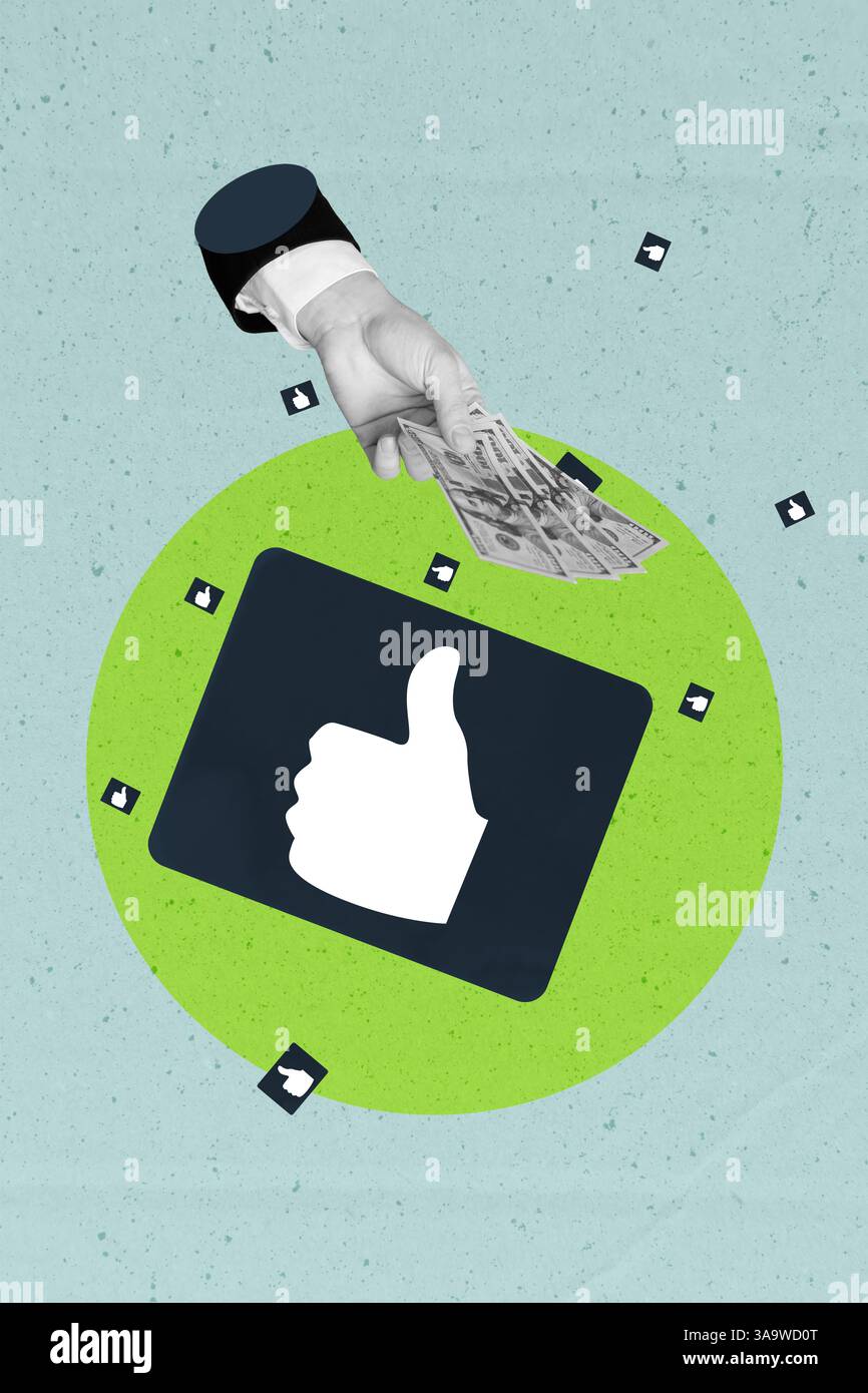 Creative collage metaphor of big like button taking hand showing ...