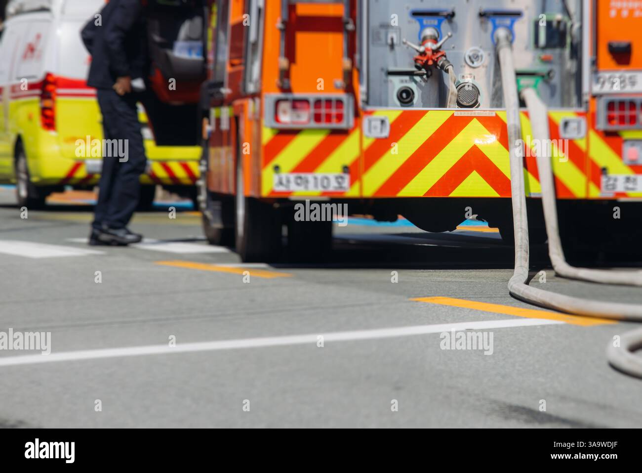South Korean Fire fighting brigade equipment, during operation in the ...