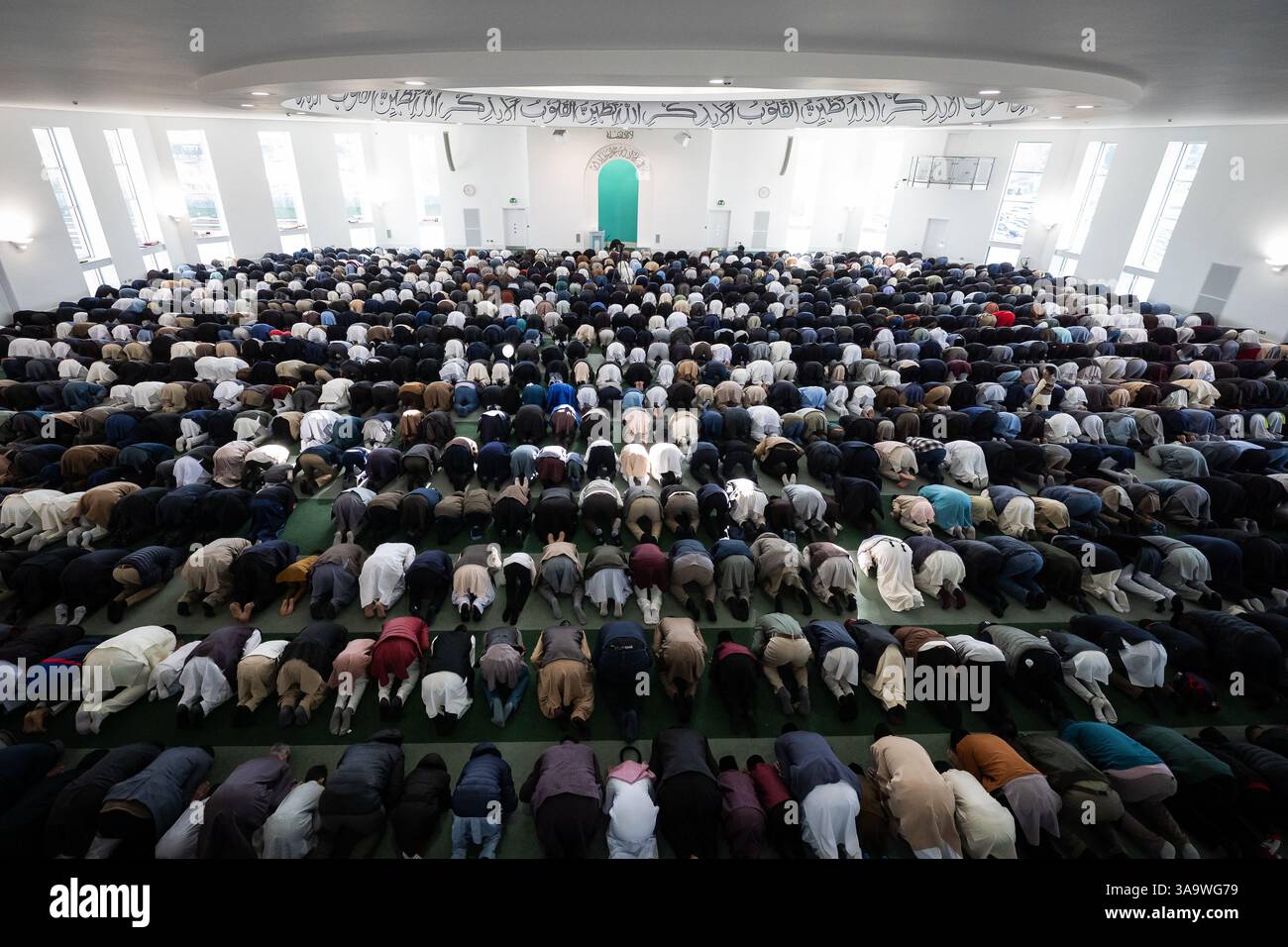 Members of the Ahmadiyya Muslim community during prayer as they gather ...