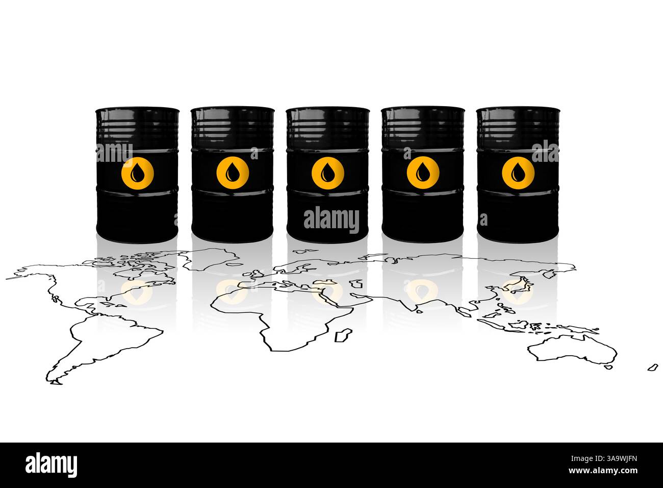 Crude oil barrels on a world map background with soft reflection. Crude ...