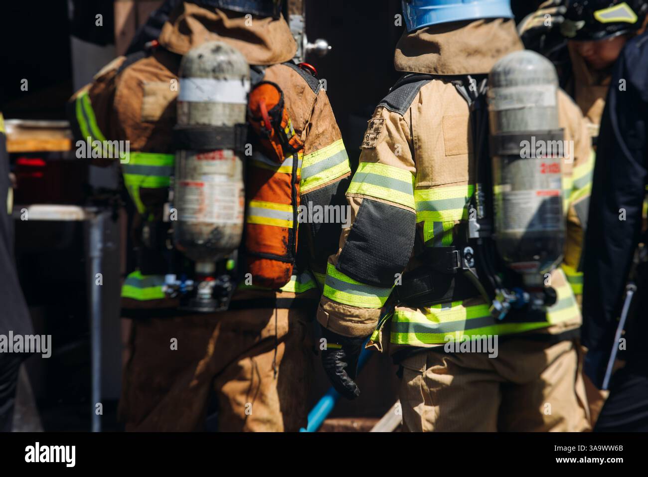 Group of South Korean fire men during fire fighting operation in the ...