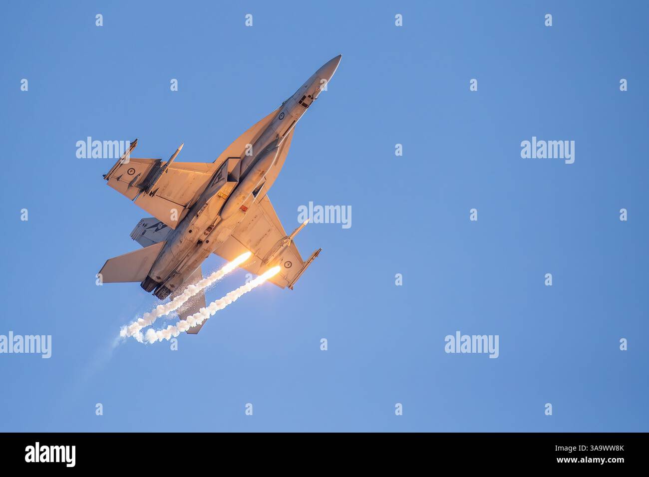 RAAF F-18 Super Hornet seen in the aerial display, releasing flares at ...