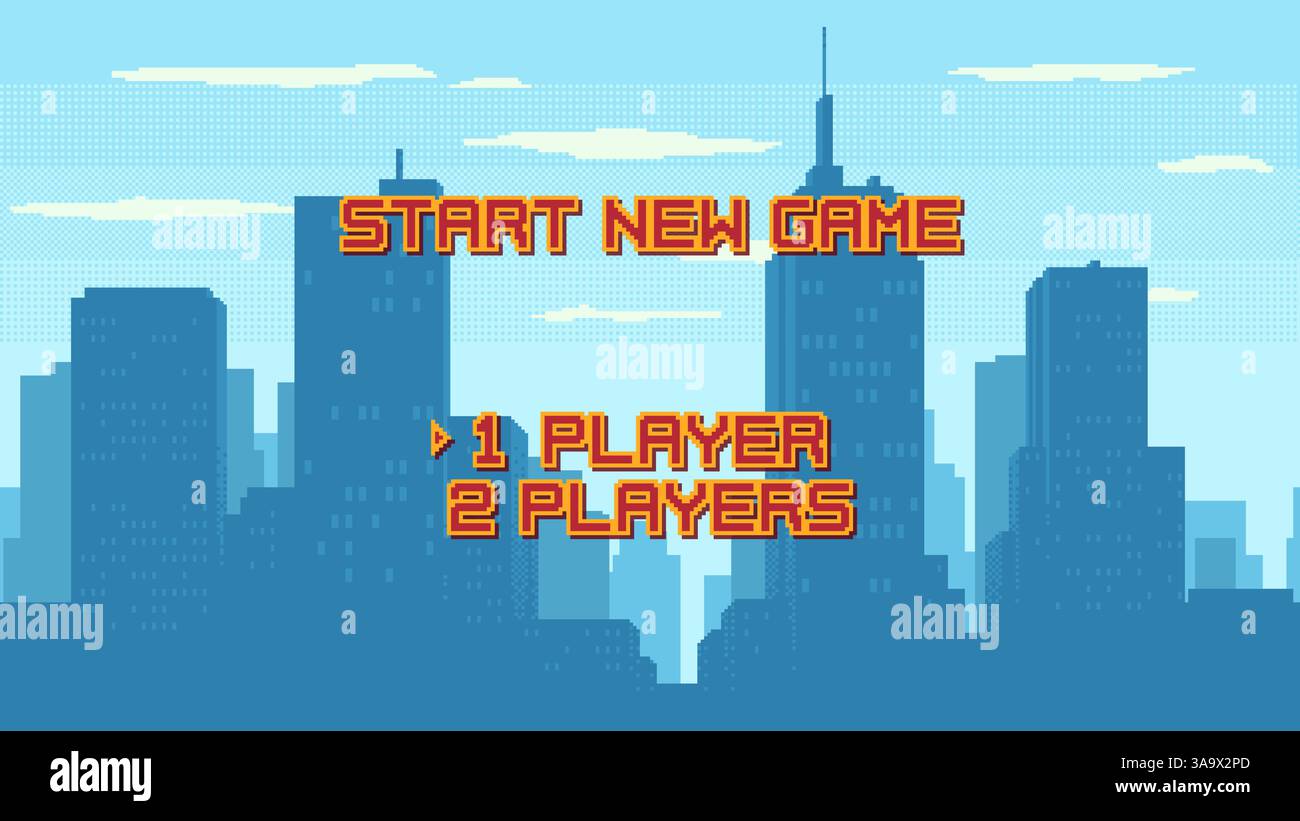 Start New Game screen with player selection on cityscape background. Retro arcade style menu ...