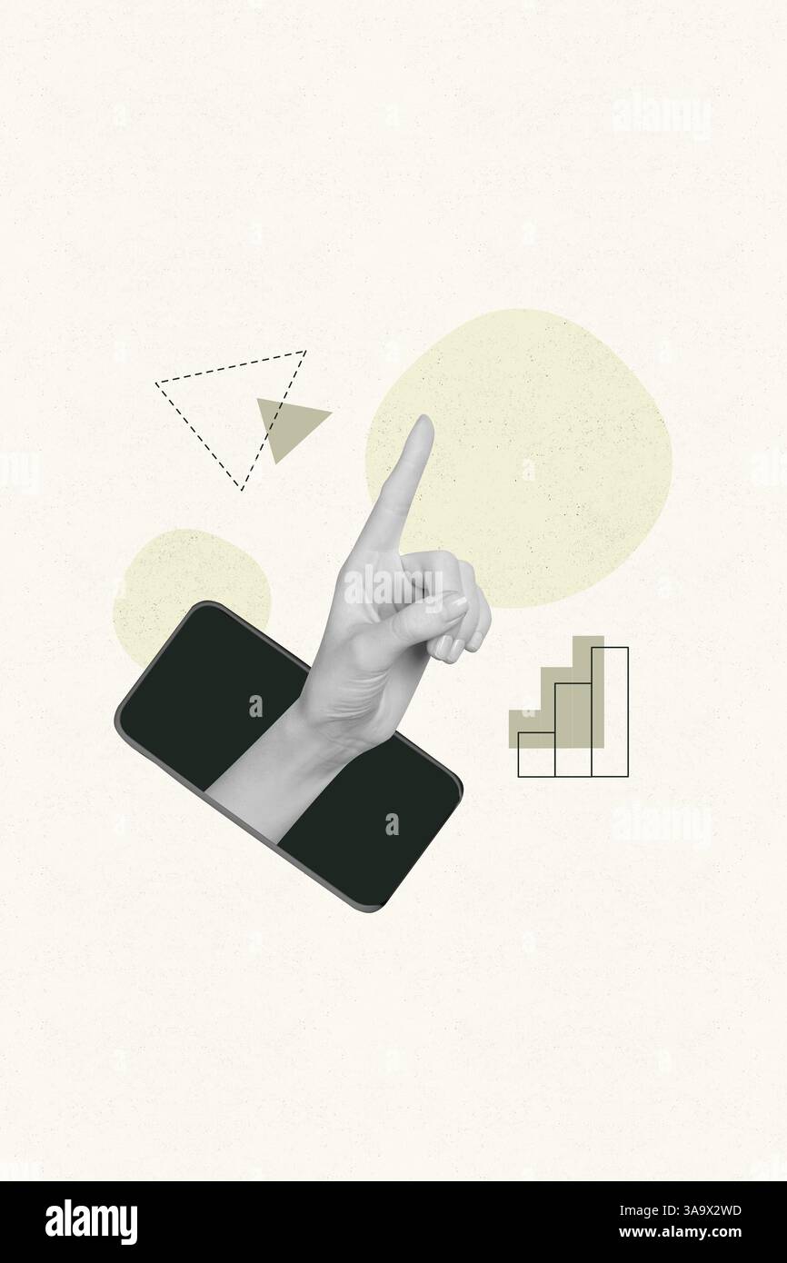 Poster metaphor collage of human finger from device screen demonstrate ...