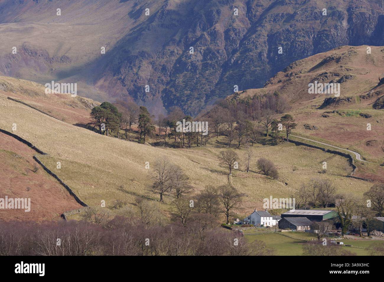 A remote farmhouse and farmland beneath the fells and mountains of Low ...