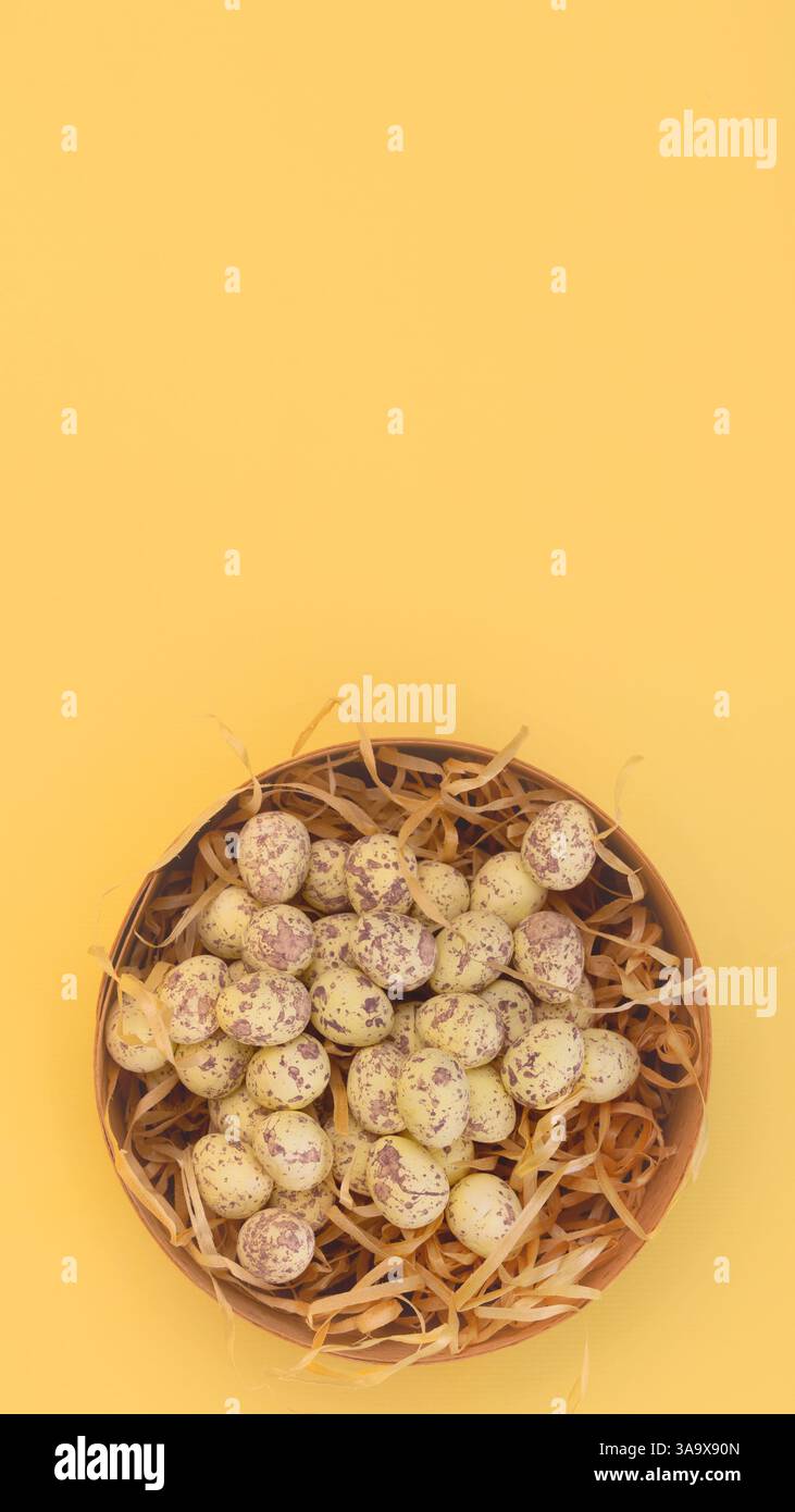 Vertical 9:16 format banner with nest and quail eggs on yellow ...
