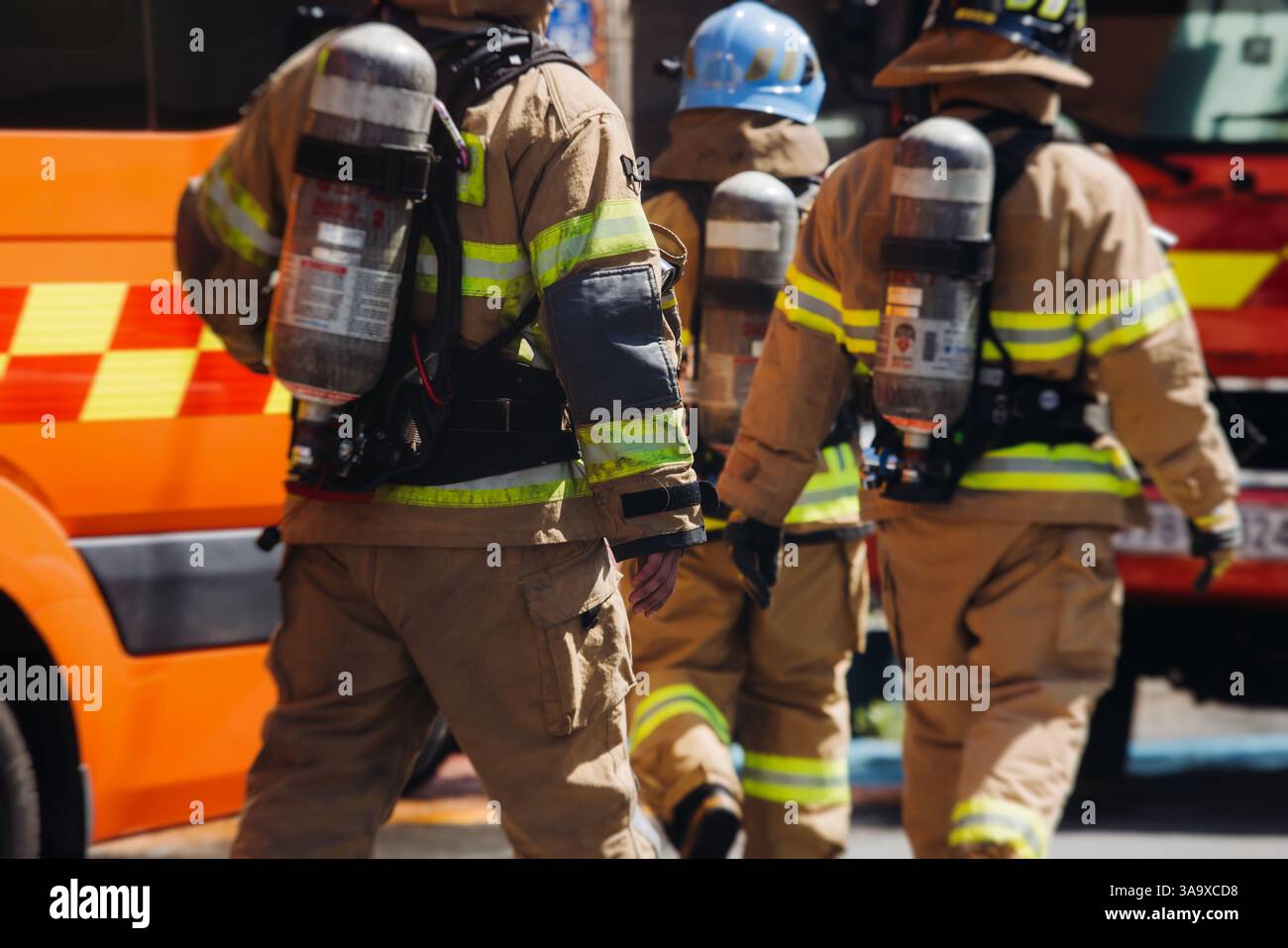 Group of South Korean fire men during fire fighting operation in the ...