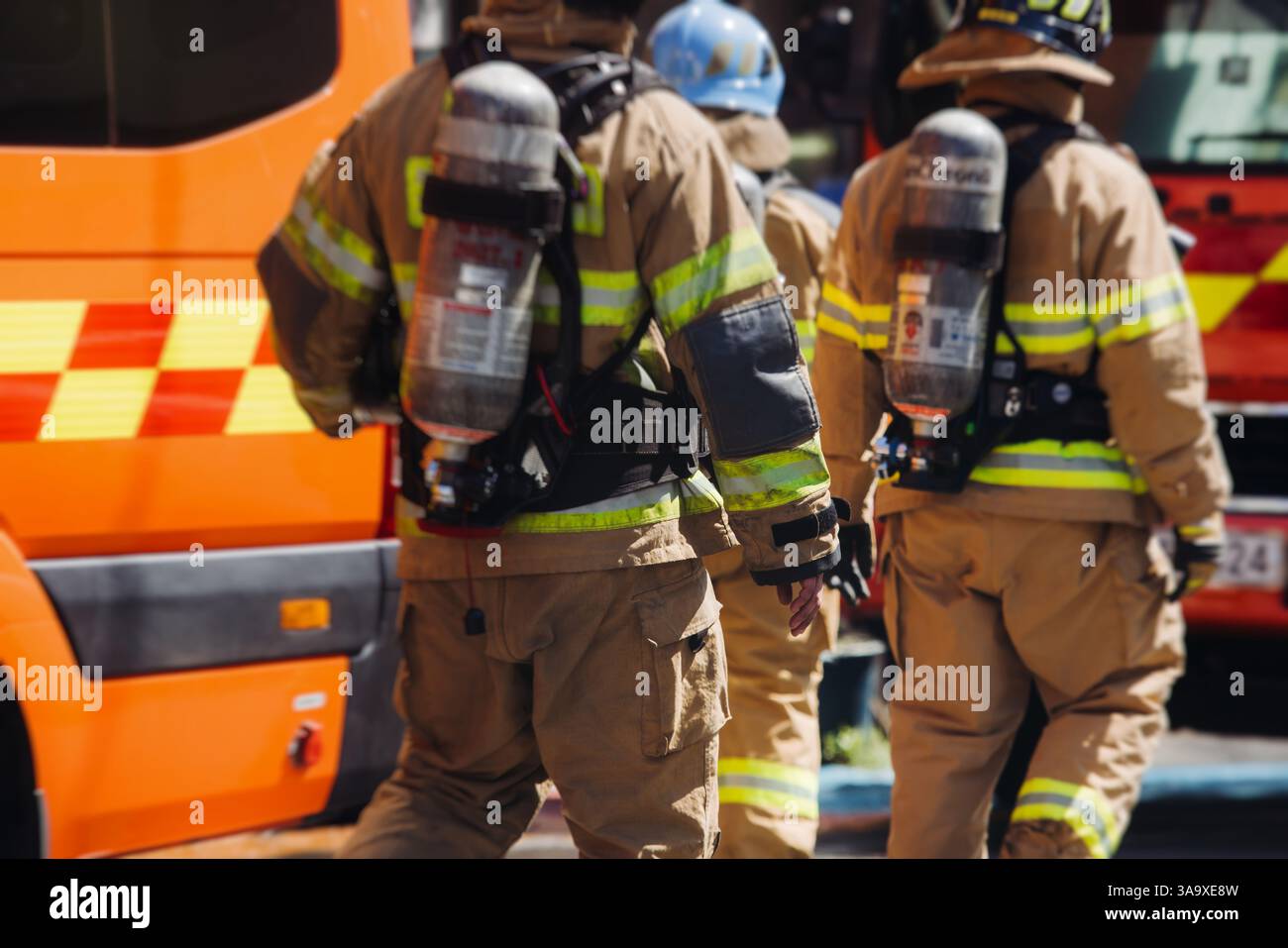 Group of South Korean fire men during fire fighting operation in the ...