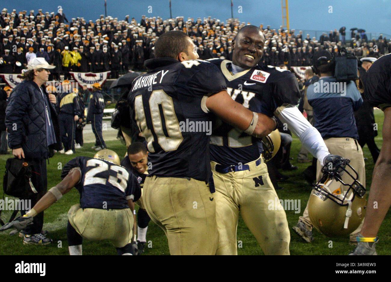Navy linebacker David Mahoney (left) and safety A.J. Walker celebrate ...