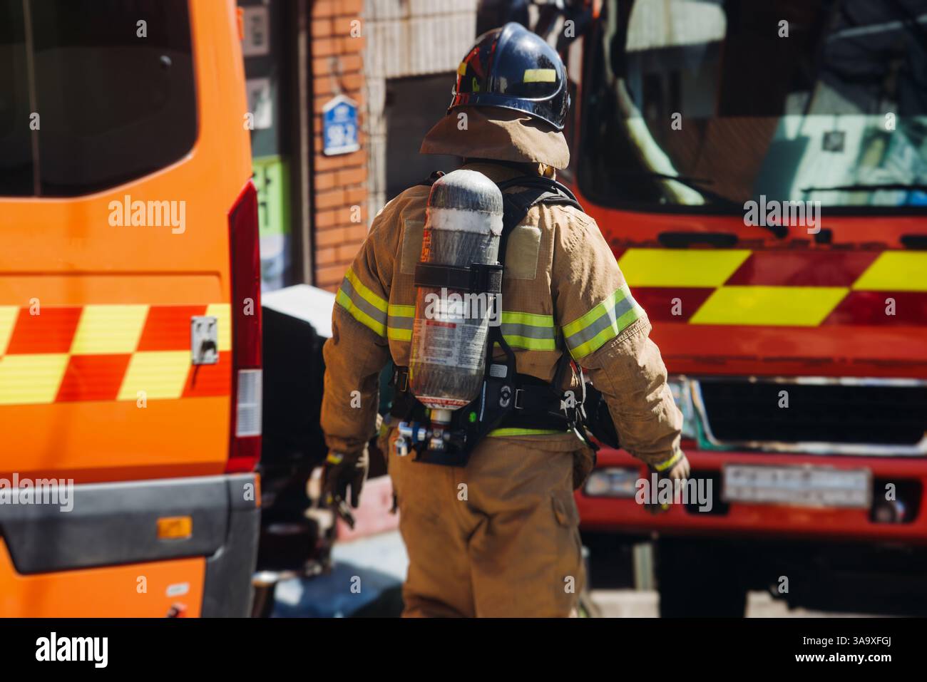 Group of South Korean fire men during fire fighting operation in the ...
