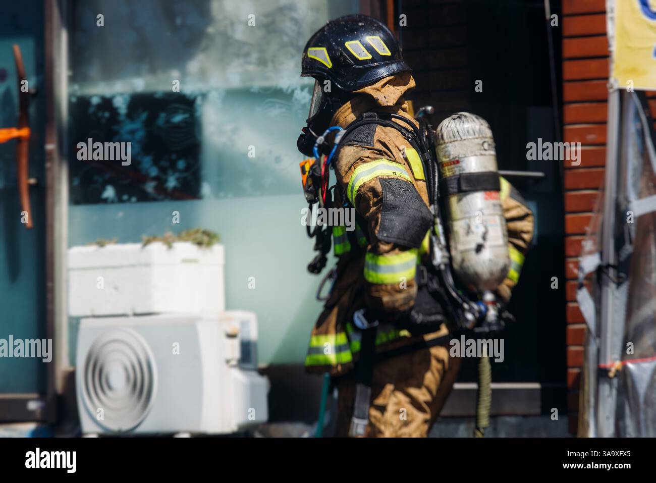 Group of South Korean fire men during fire fighting operation in the ...