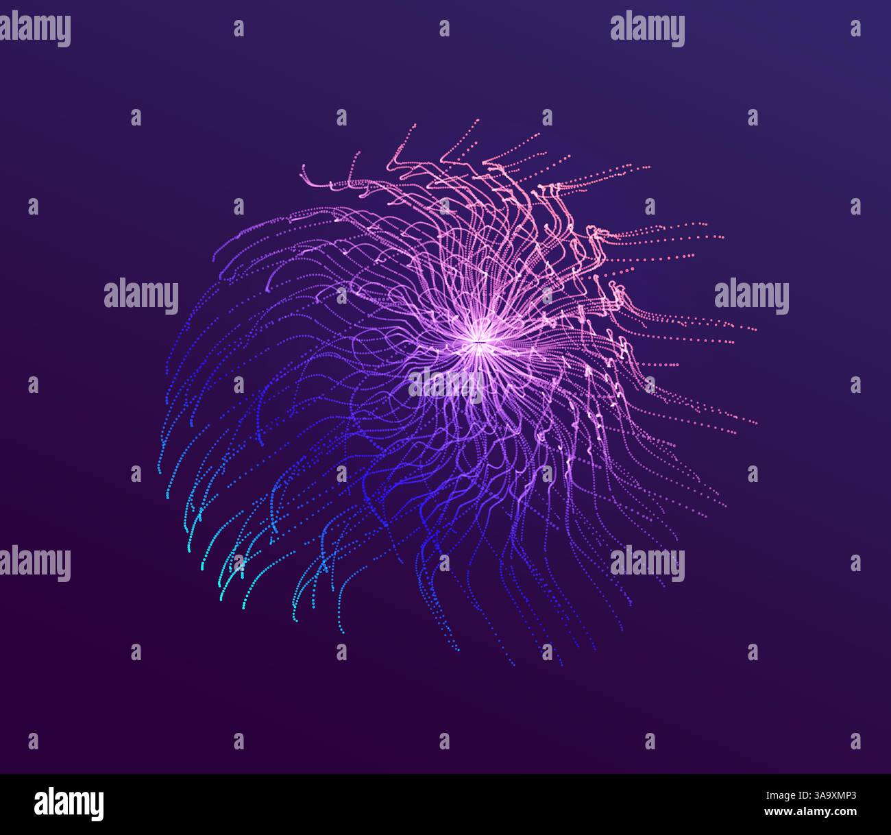 Point explode. Array with dynamic emitted particles. 3d technology style. Abstract background ...