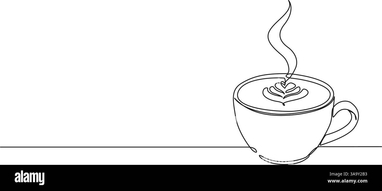 continuous single line drawing of cup with hot cappuccino or latte ...