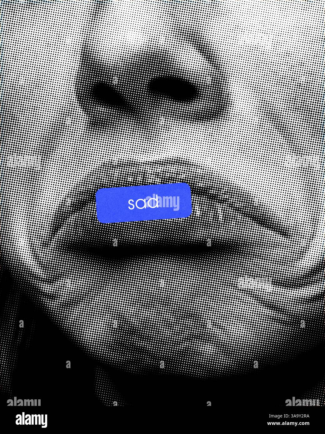 Sad. Conceptual design. Slightly parted lips, with blue label ...