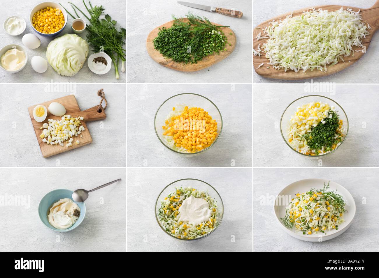 Step by step collage of making a fresh cabbage, corn, and egg salad ...