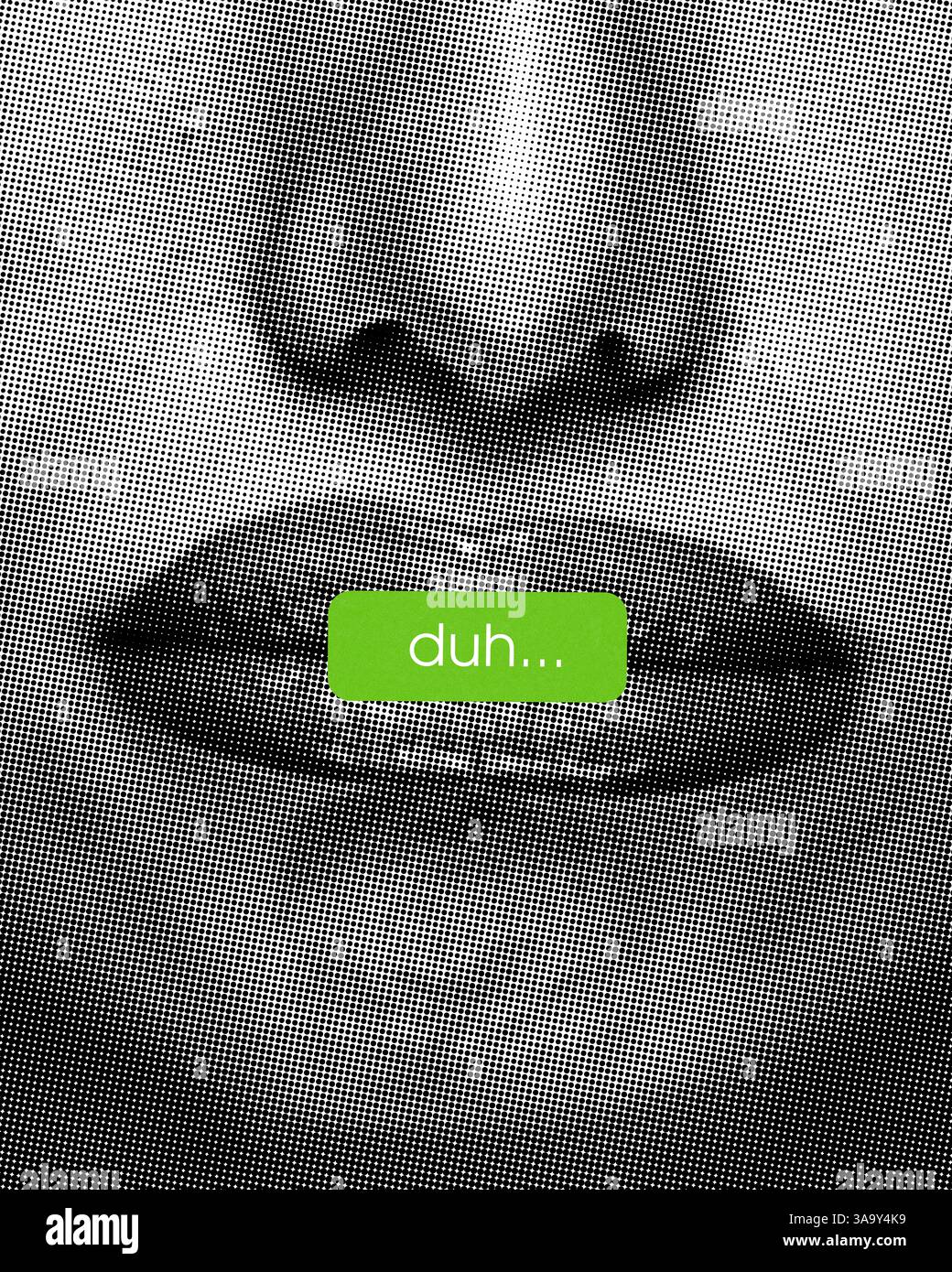 Duh. Conceptual artwork. Slightly parted lips, green label symbolizing ...