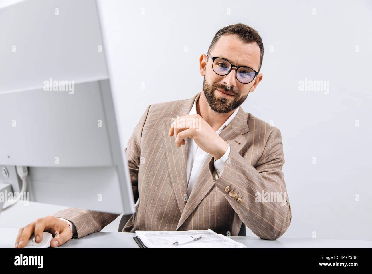 Business man inspired by an idea typing on a computer keyboard and ...