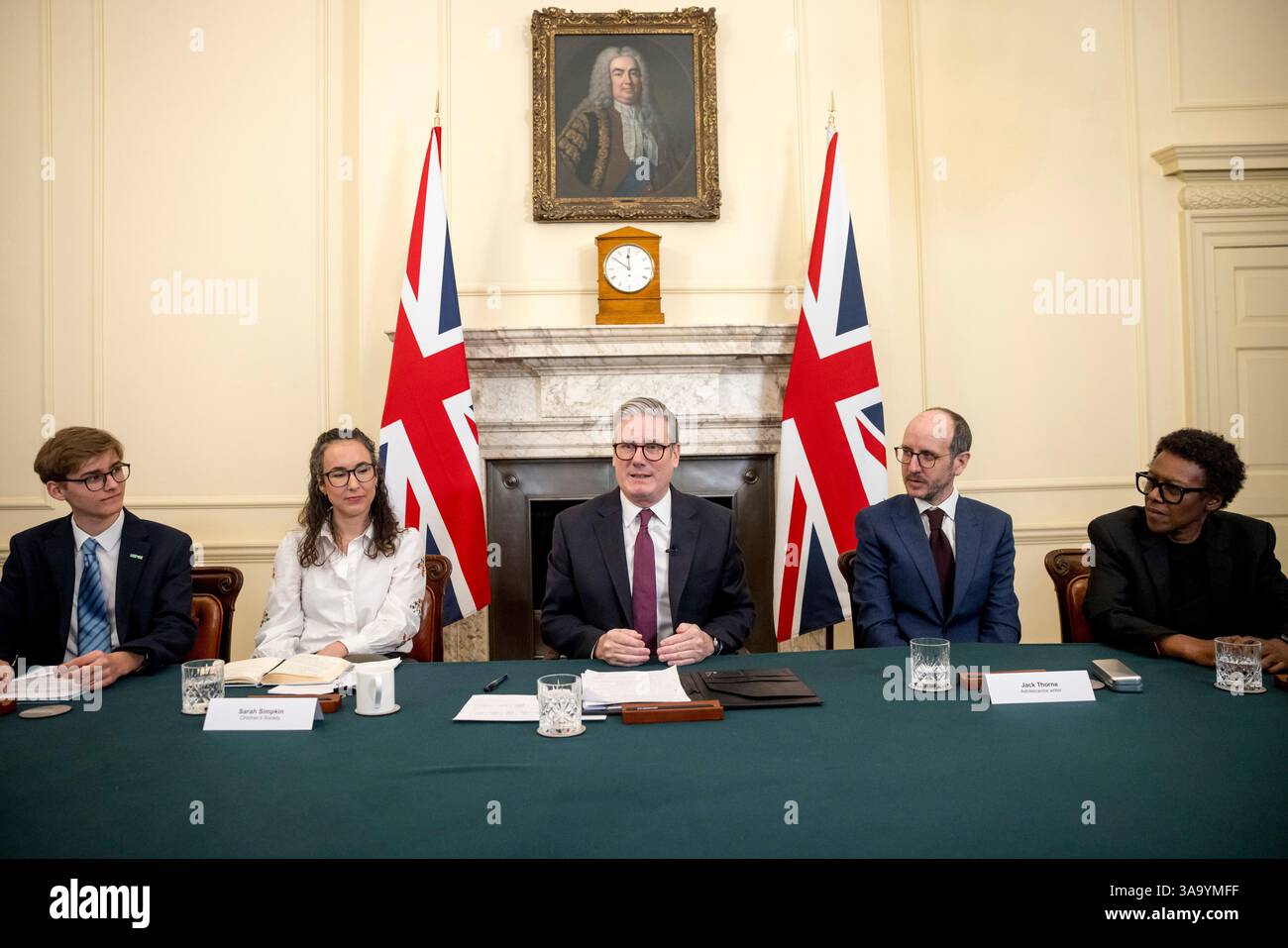 British Prime Minister Keir Starmer, centre, holds a roundtable meeting ...