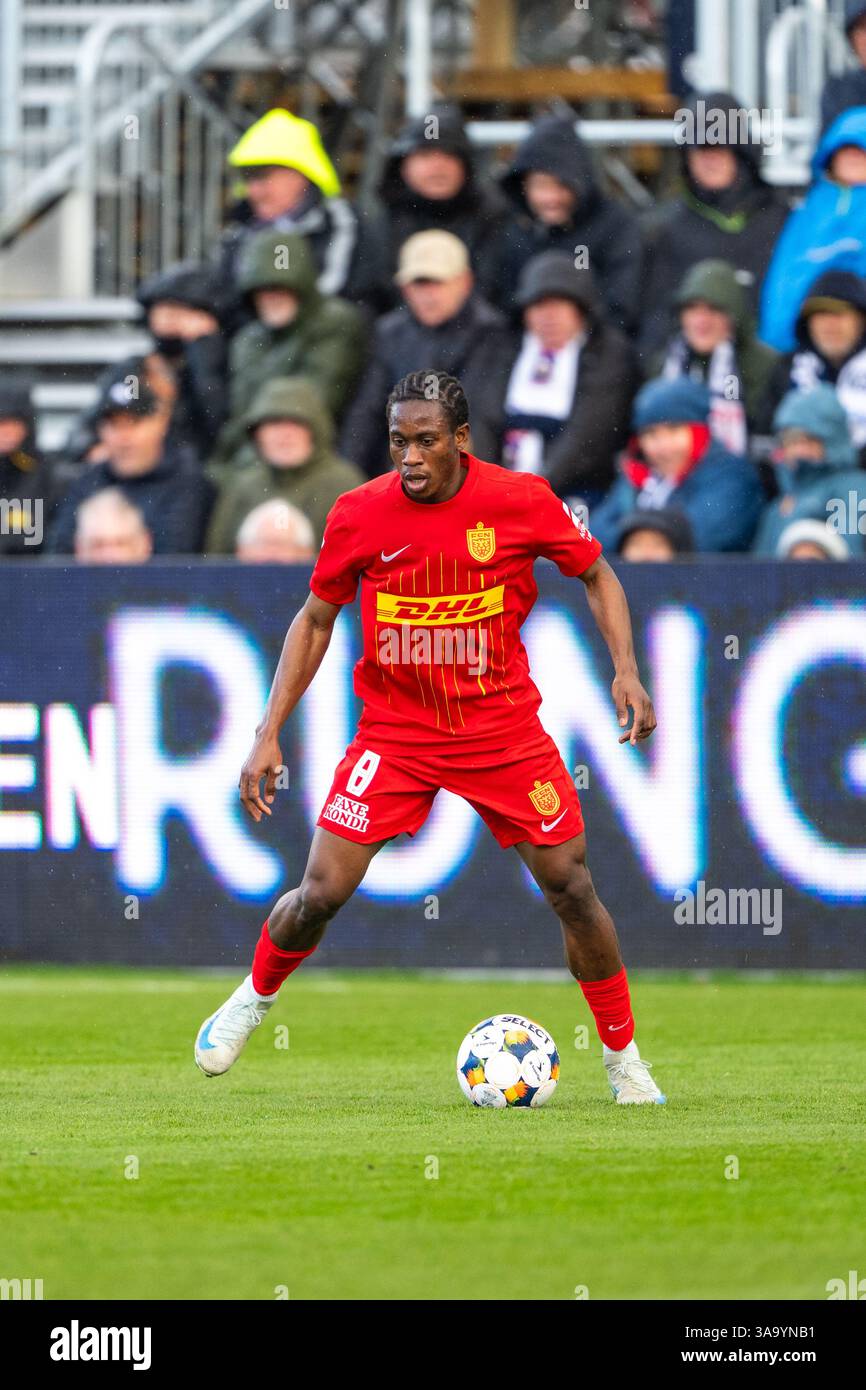 Aarhus, Denmark. 30th Mar, 2025. Mario Dorgeles (8) of FC Nordsjaelland ...