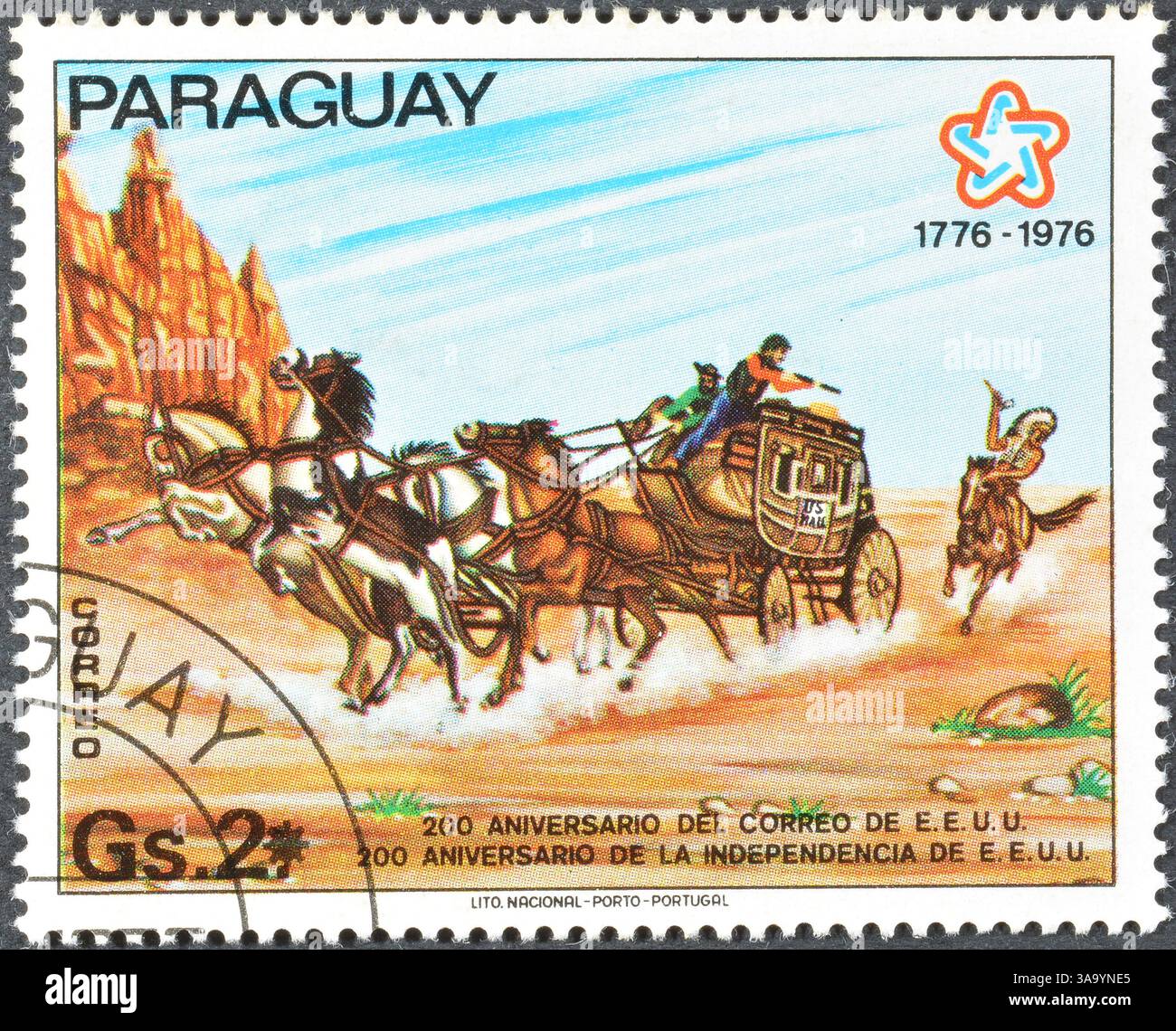 Cancelled postage stamp printed by Paraguay, that shows Stagecoach, 200 ...