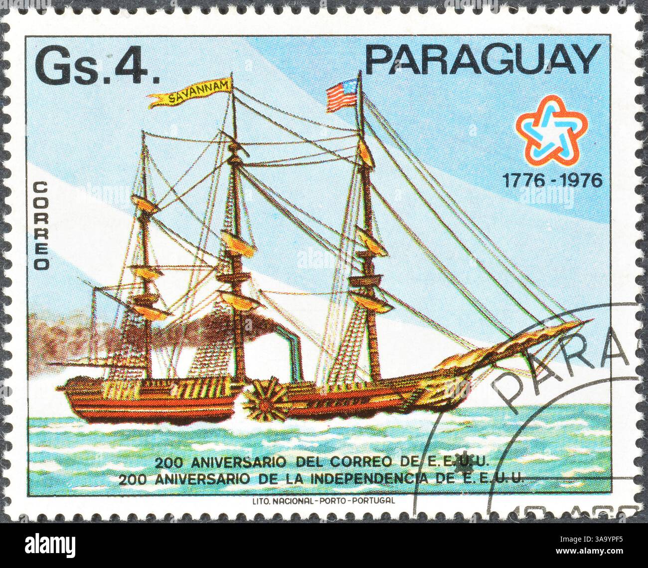 Cancelled postage stamp printed by Paraguay, that shows Paddle Steamer ...