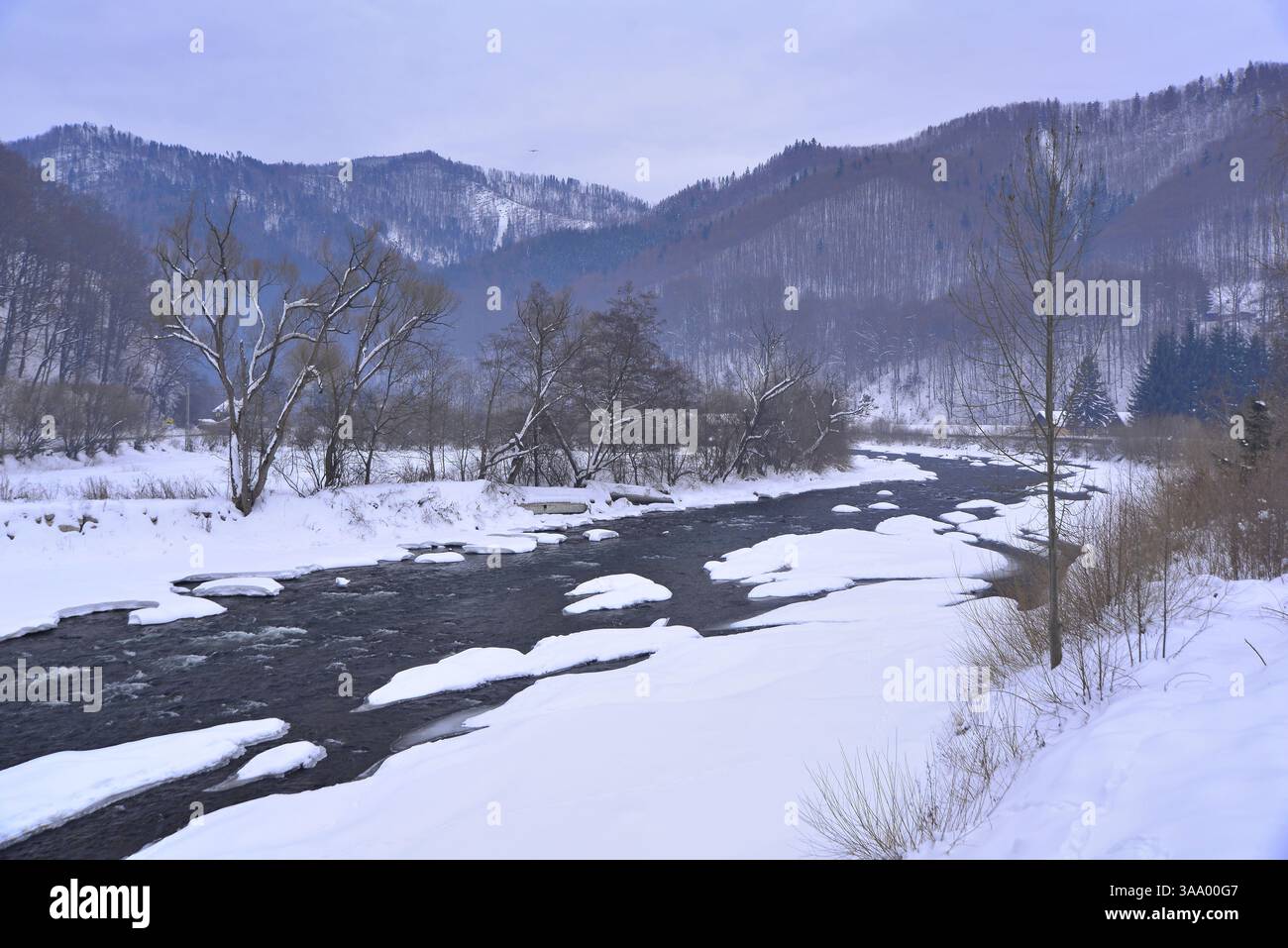 River between hills and snowy valleys of Transylvania Stock Photo - Alamy