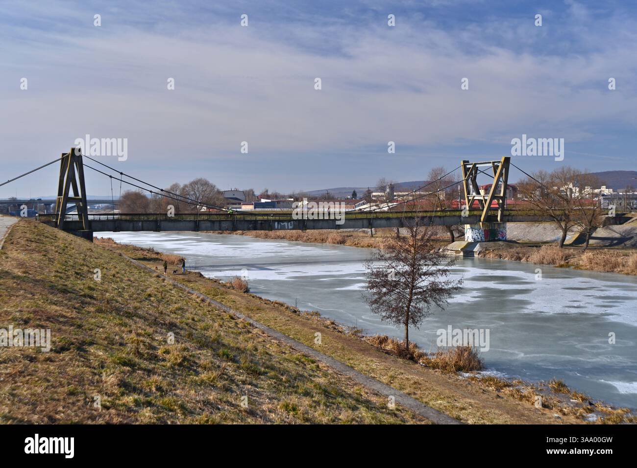 Suspension footbridge over the frozen Mures river Stock Photo - Alamy