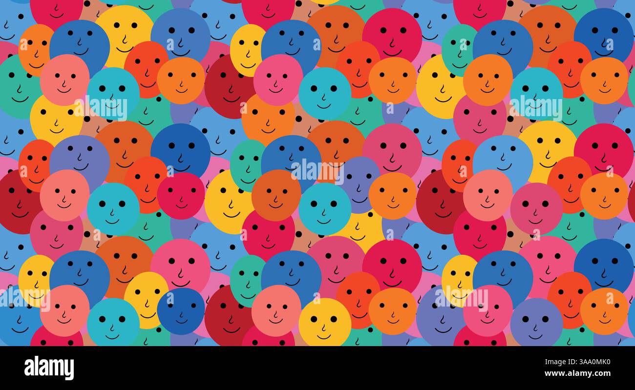 Seamless pattern of group of abstract faces smile emoji frontal view of ...
