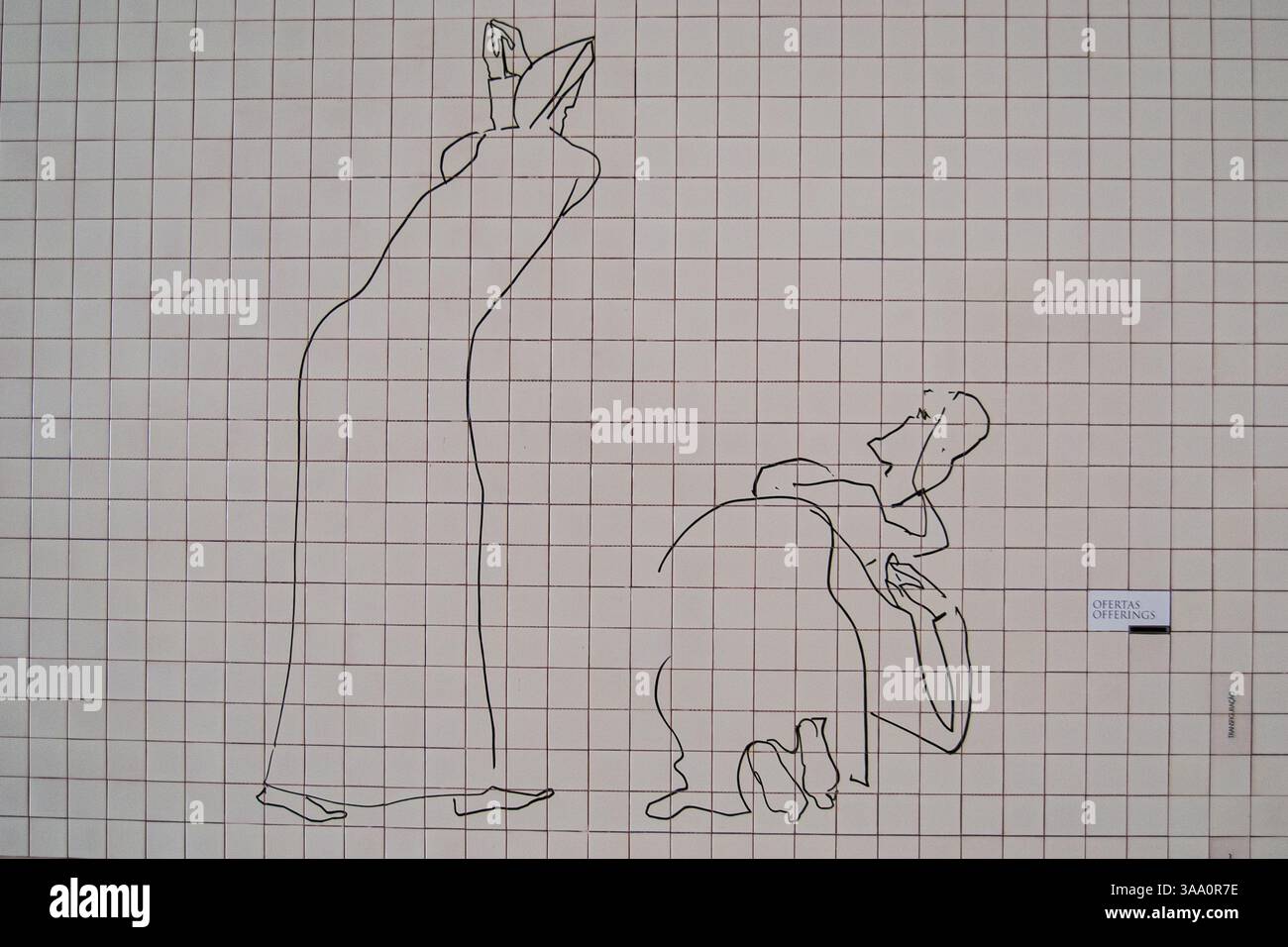 Fatima, Portugal - March 26, 2025: Line art featuring two abstract figures against a gridded ...