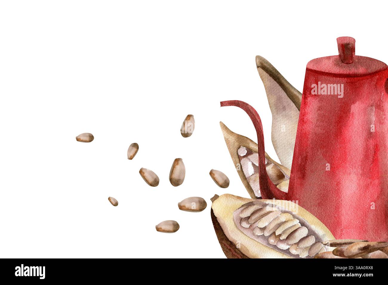 Red coffee pot,cocoa opened pod and beans watercolor template.Hand ...