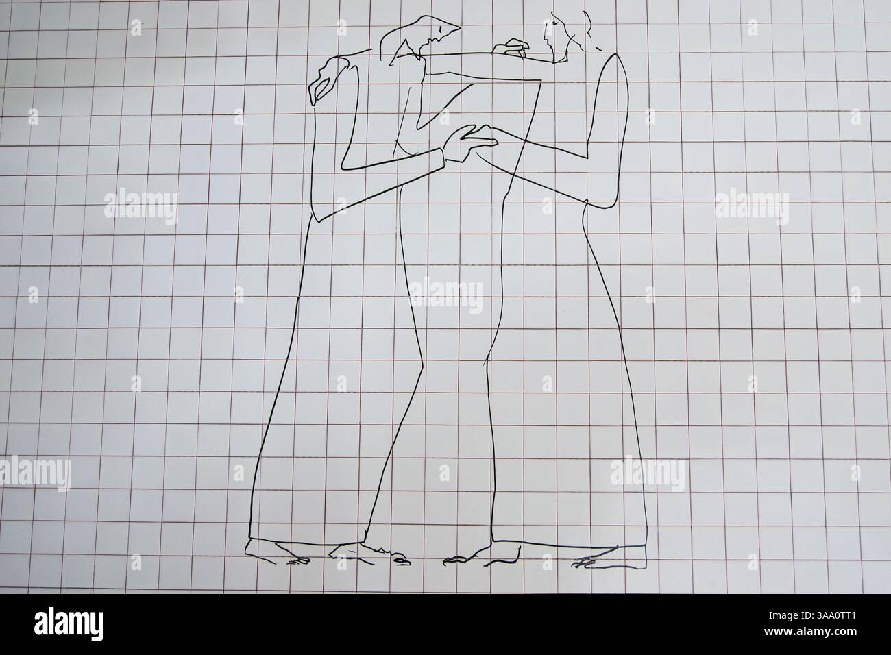 Fatima, Portugal - March 26, 2025: Line art sketch showing abstract figures against grids in ...
