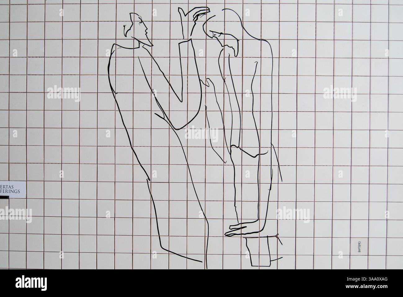 Fatima, Portugal - March 26, 2025: Line art depicting two figures with a minimalist design ...