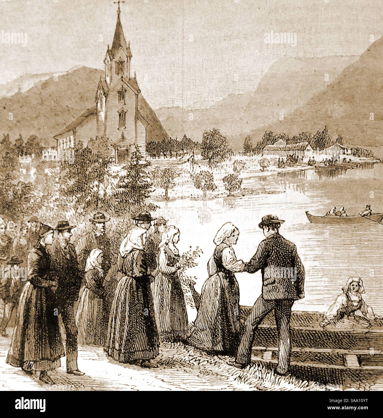 A late 19th century engraving of Norwegians waiting for transport ...