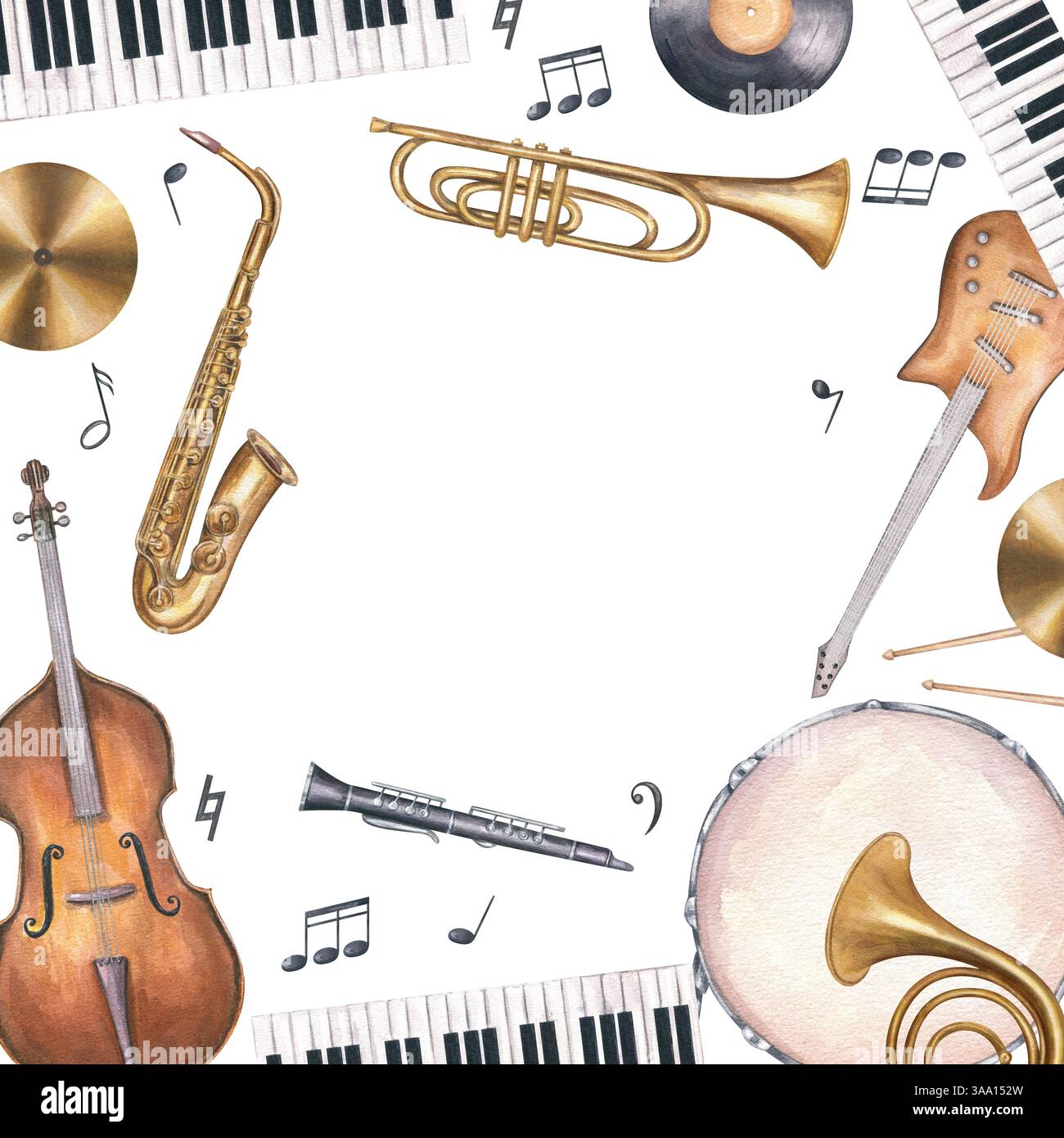 Watercolor musical instruments and floating music notes square border ...