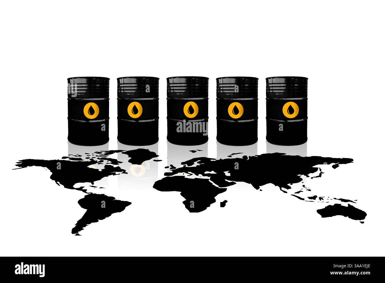 Crude oil barrels on a world map background with soft reflection. Crude ...