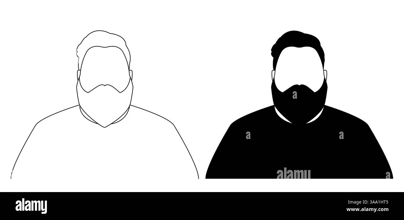 An outline big man with a beard profile illustration. A black and white overweight man avatar ...