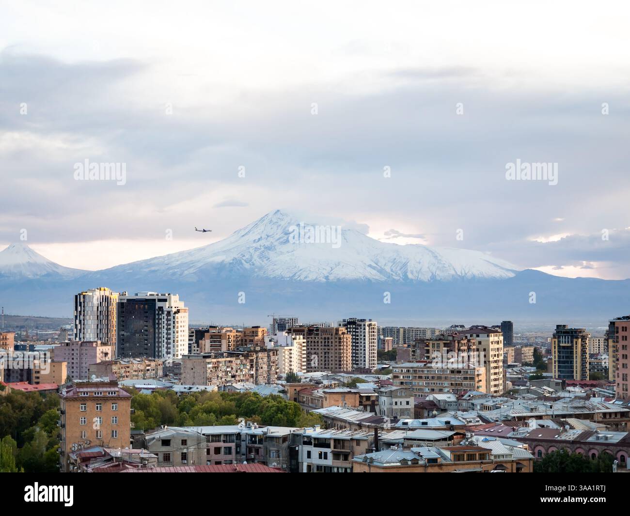 Scene of Yerevan cityscape with buildings on the great Mount Ararat sky ...