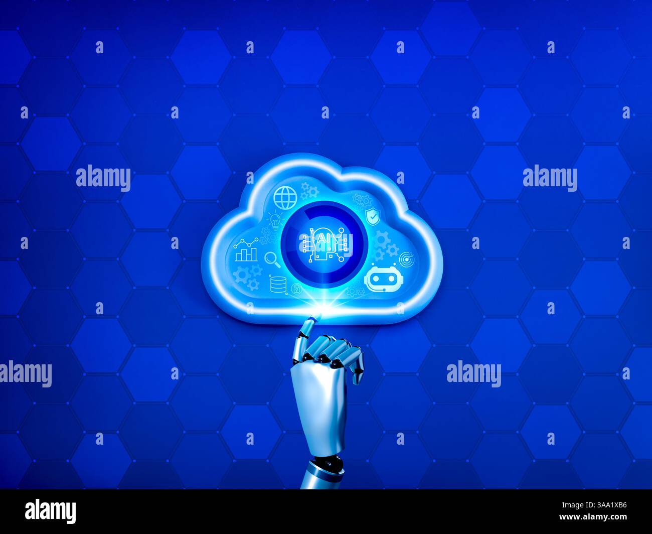AI Cloud computing technology, smart security data system storage service concept. Robot hand ...