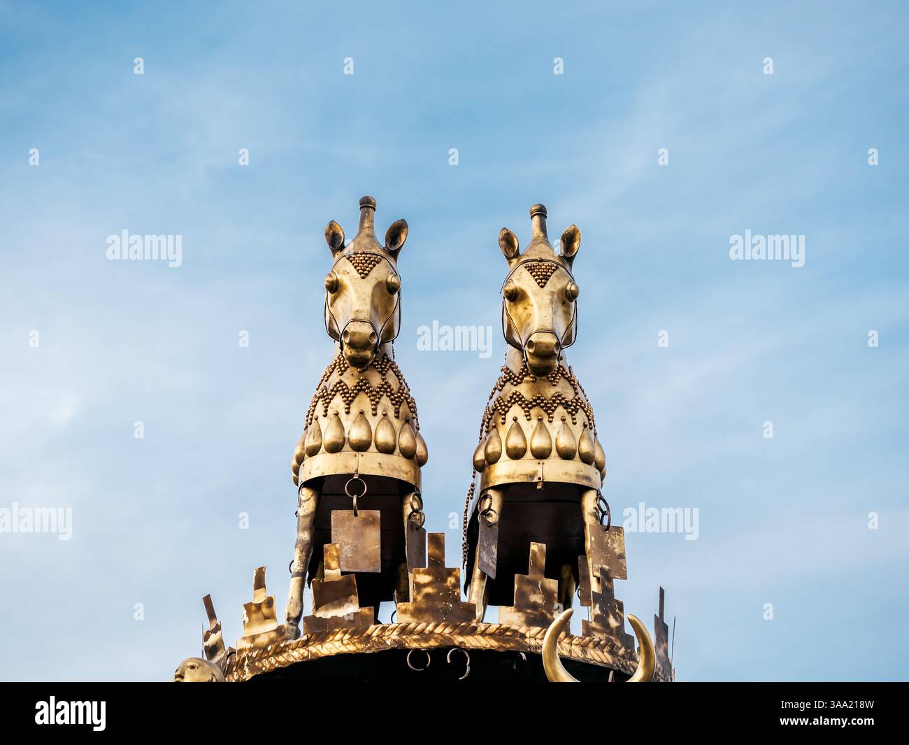 Scene of the twin horse on top of Colchis Fountain with golden statues ...