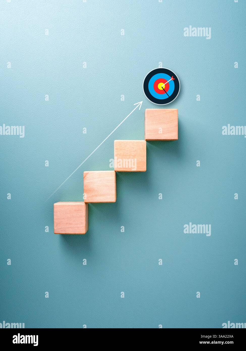Target icon on top of wooden cube blocks with rising up arrows, 3d bar ...