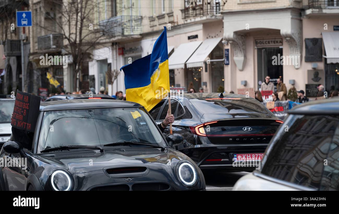 Kyiv, Ukraine - March 30, 2025: Citizens gather in the city center ...