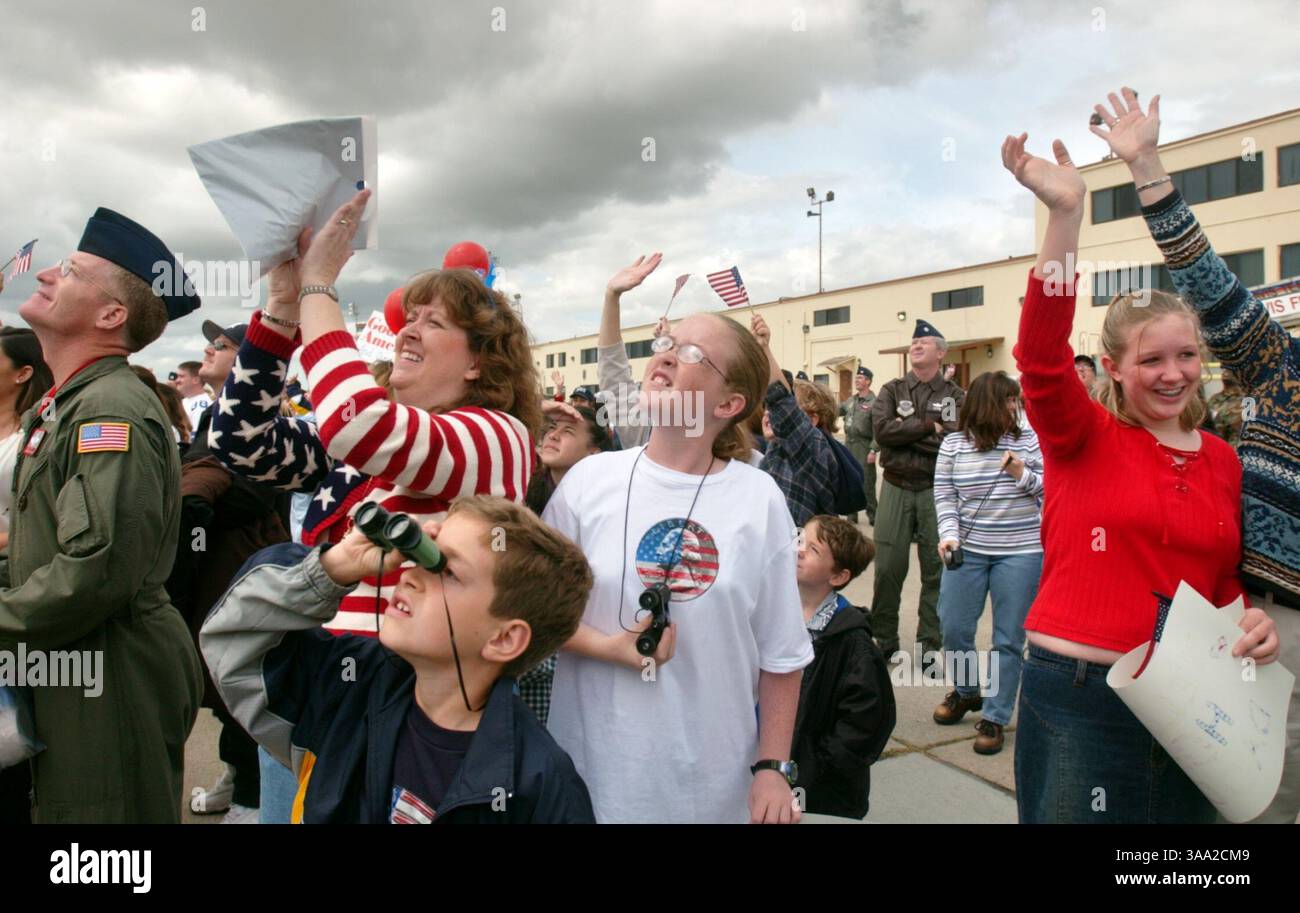 Hundreds of family and friends of members of the USAF 60th Air Mobility ...