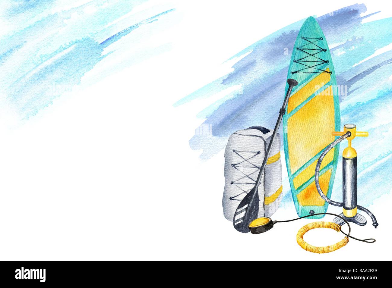 watercolor inflatable blue and yellow paddleboard, black paddles, pump ...