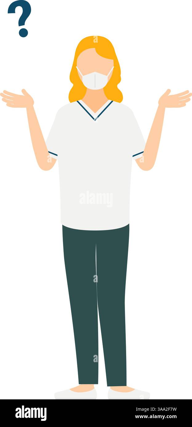 Simple illustration of a woman in a gray sweater asking a question ...