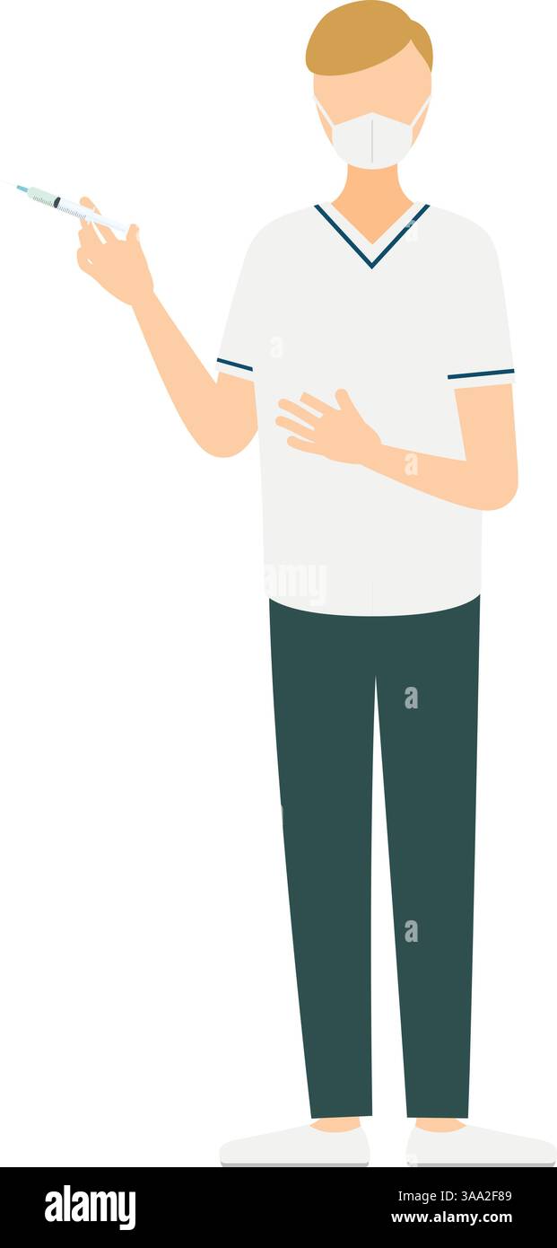 Simple illustration of a male nurse with brown hair giving an injection ...
