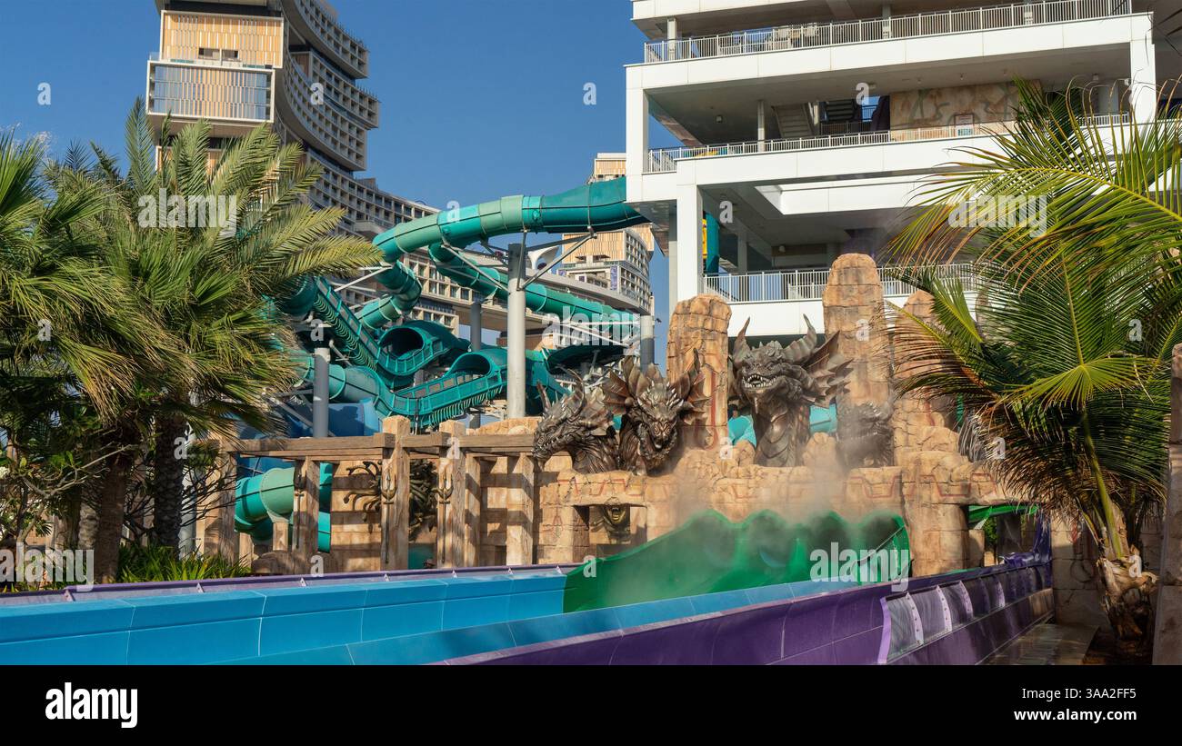 Water slides at Aquaventure Water Park on background of hotel Atlantis ...