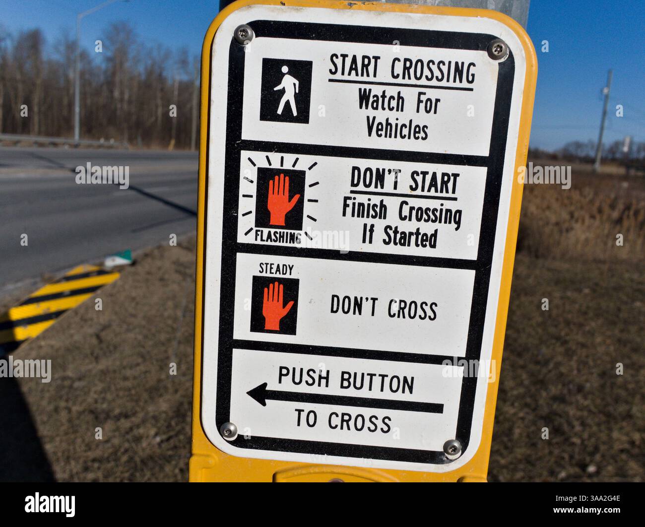 A pedestrian crossing sign with clear instructions. The symbols and ...