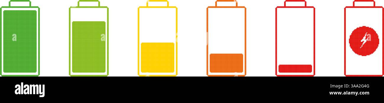 Battery Charge Levels Pixelated Icon Set. Pixel Art Symbol Collection ...