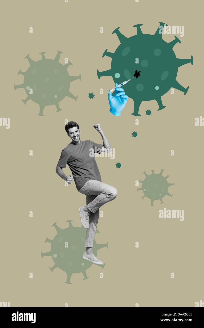 Poster image vertical photo collage of happy man dance covid-19 ...